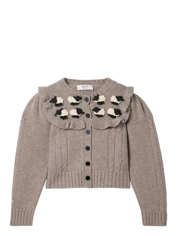 Sea Appliquéd Cable-knit Wool Cardigan - Brown