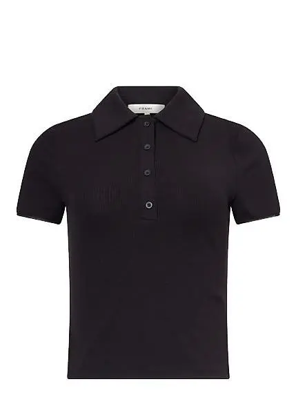 FRAME Mesh Trim Knitted Polo Top - Black