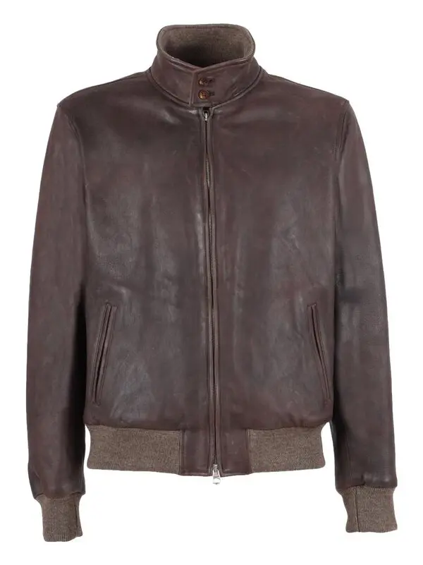 STEWART Short Goose Down Leather Jacket - Brown
