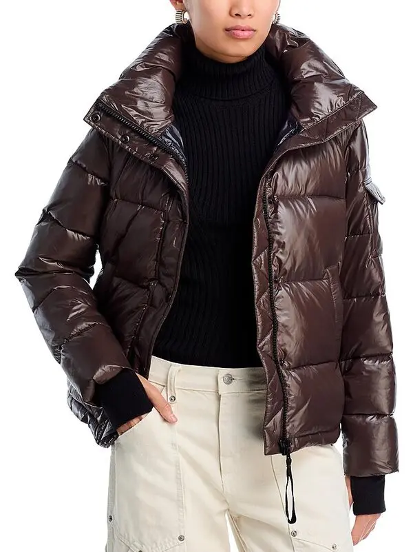 Aqua Glossy Puffer Jacket With Hood - Espresso