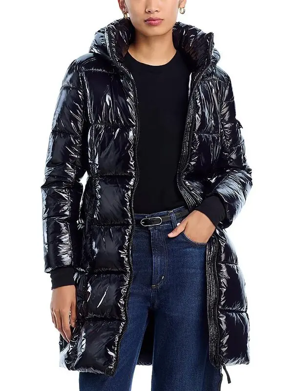 Aqua High Shine Puffer Coat With Hood - Onyx