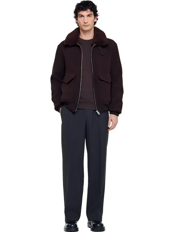 Sandro Wool Aviator Jacket With Shearling Collar - Chocolate