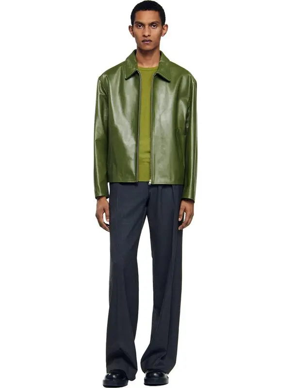 Sandro Zip-up Leather Jacket With Wing Collar - Lime