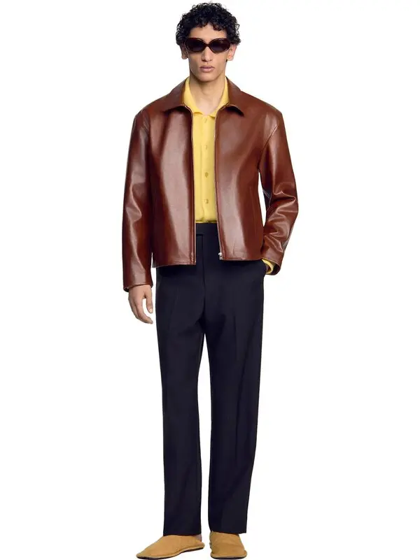 Sandro Leather Jacket With Wing Collar And Zip Fastening - Camel