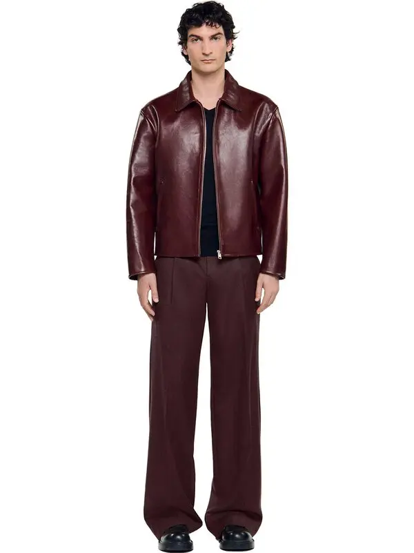 Sandro Classic Zip-up Leather Jacket - Cognac