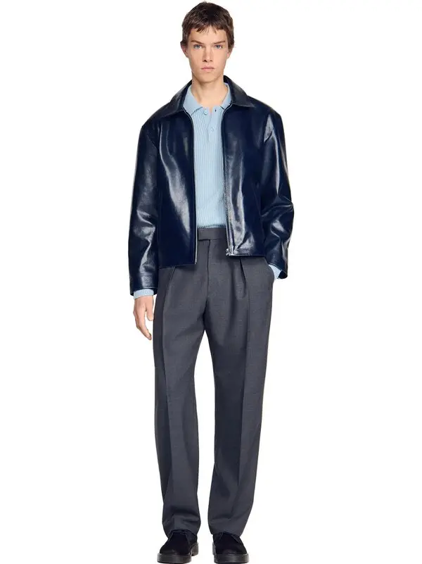 Sandro Leather Jacket With Wing Collar And Zip Fastening - Midnight Blue