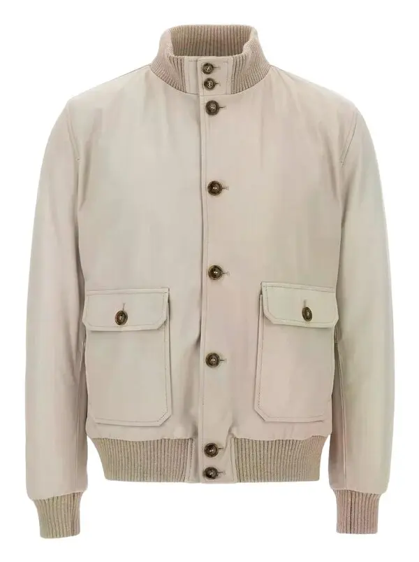 BARBA NAPOLI Leather Jacket With Ribbed Collar - Neutrals