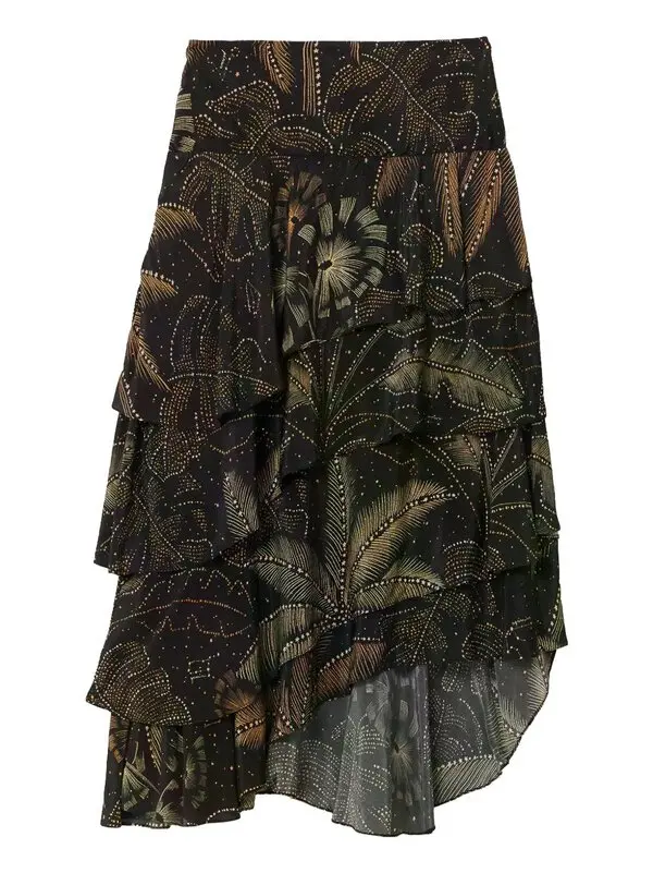 Farm Rio Foliage Tiered Printed Midi Skirt - Black