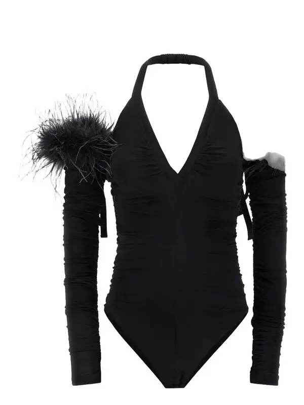 Pinko Feather-trimmed Halter Bodysuit - Black