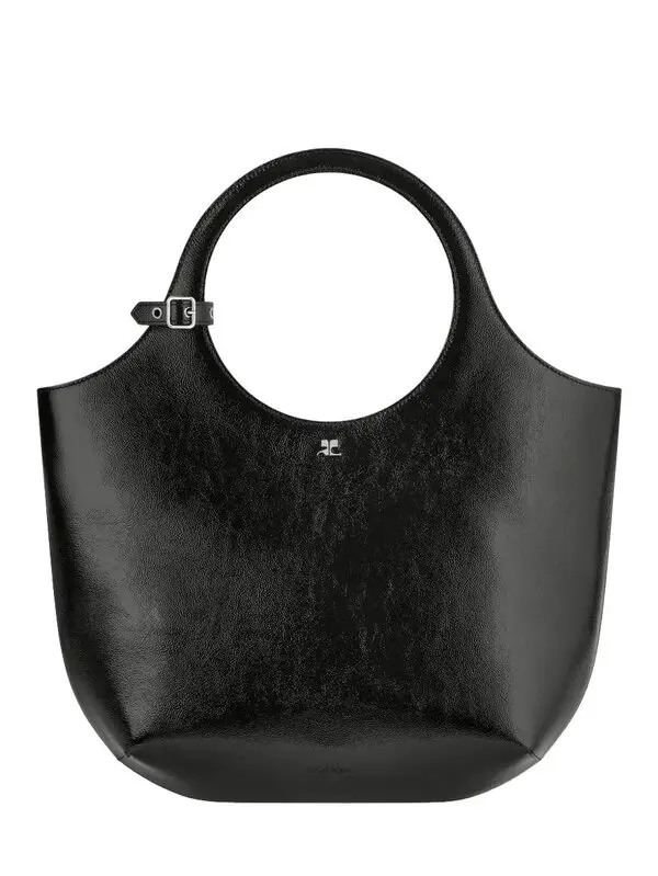 COURREGES Medium Holy Circular-handle Leather Tote Bag - Black