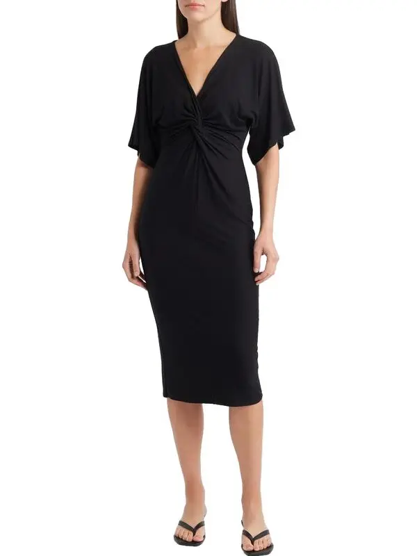 Loveappella Twist Front Knit Midi Dress - Black