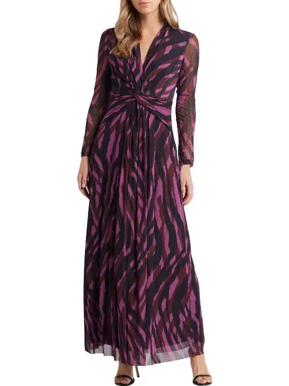 Anne Klein Abstract Print Twist Front Maxi Dress - Animal Stripes L230v01