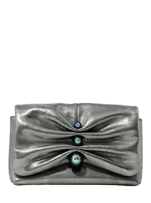 Alexis Bittar Ruched Crystal Metallic Leather Clutch - Graphite Green