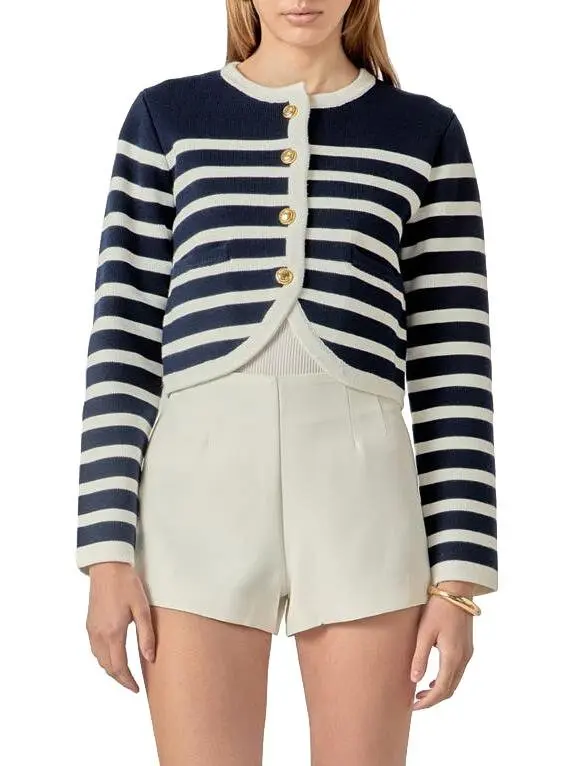 English Factory Stripe Crop Cardigan - Navy/off White