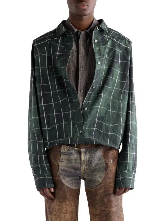 Acne Studios Sayer Painted Check Papery Cotton Poplin Layered Button-up Shirt - Green/grey