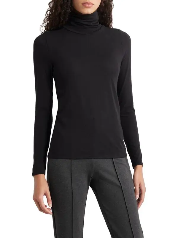 Eileen Fisher Turtleneck Stretch Organic Cotton Blend Top - Black
