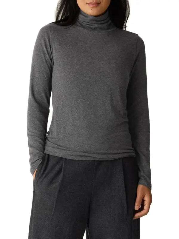 Eileen Fisher Turtleneck Stretch Organic Cotton Blend Top - Charcoal