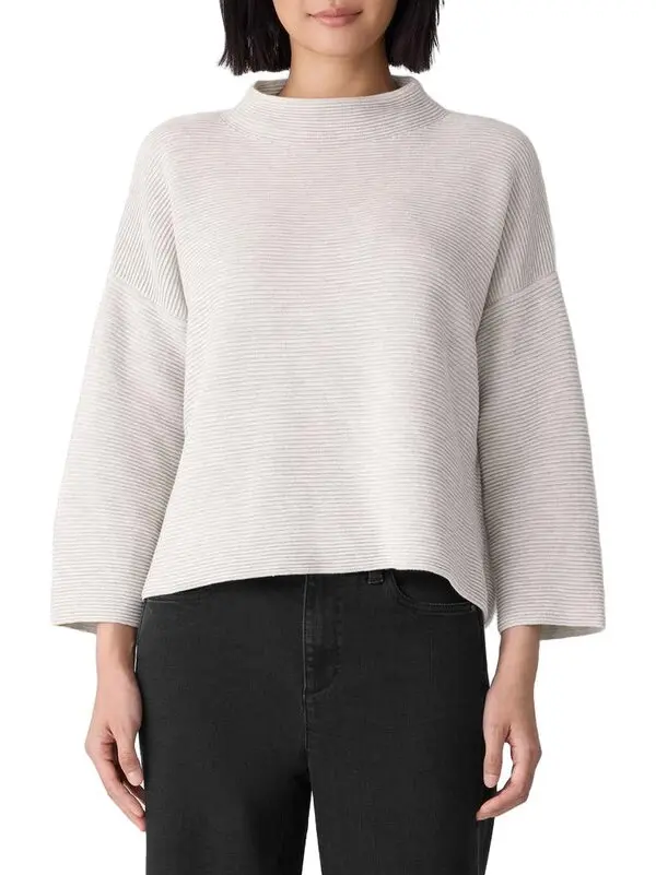 Eileen Fisher Funnel Neck Organic Cotton Blend Pullover Sweater - Sea Salt