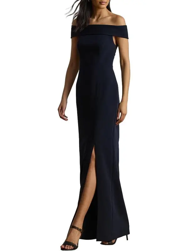 Ralph Lauren Crepe Off-the-shoulder Column Gown - Lighthouse Navy