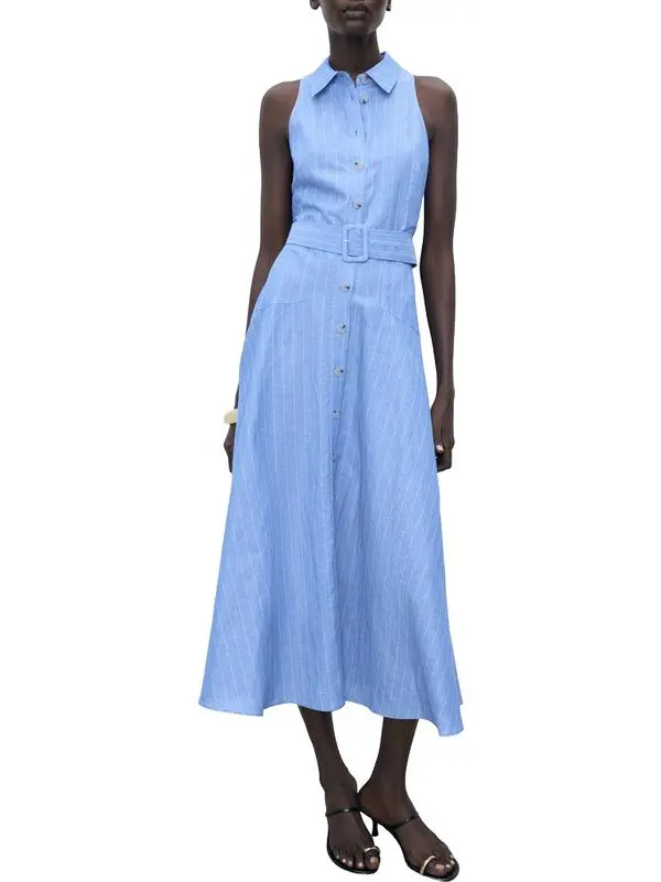 Mango Pinstripe Sleeveless Shirt Dress - Medium Blue