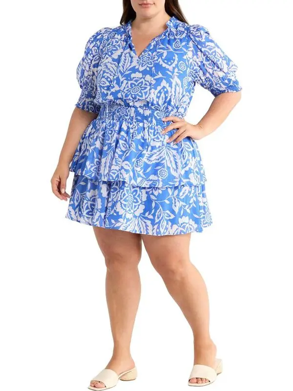 SUGARLIPS Floral Print Tiered Cotton Dress - Blue/white