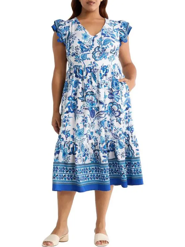 SUGARLIPS Salema Floral Print Midi Dress - Blue/white