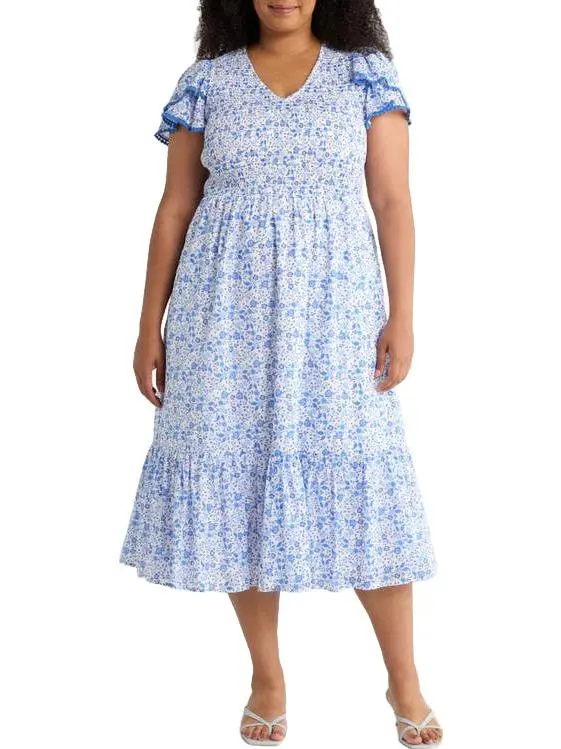 SUGARLIPS Maisie Floral Midi Dress - White/blue Combo
