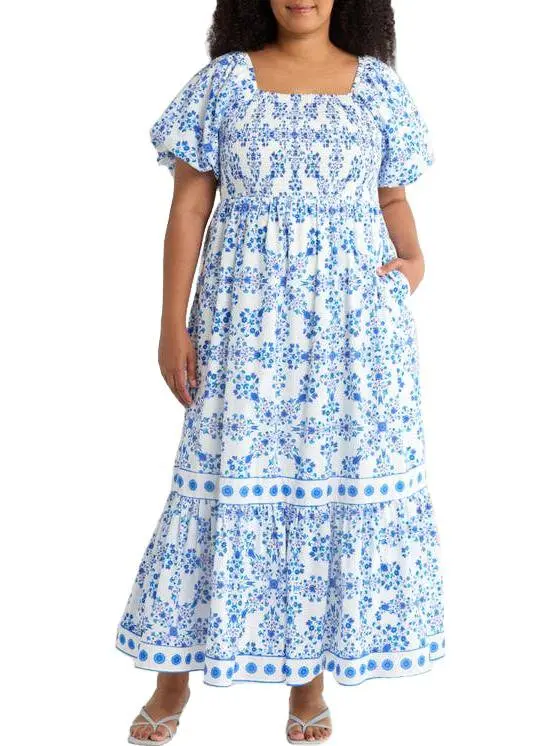 SUGARLIPS Floral Smocked Maxi Dress - White/blue