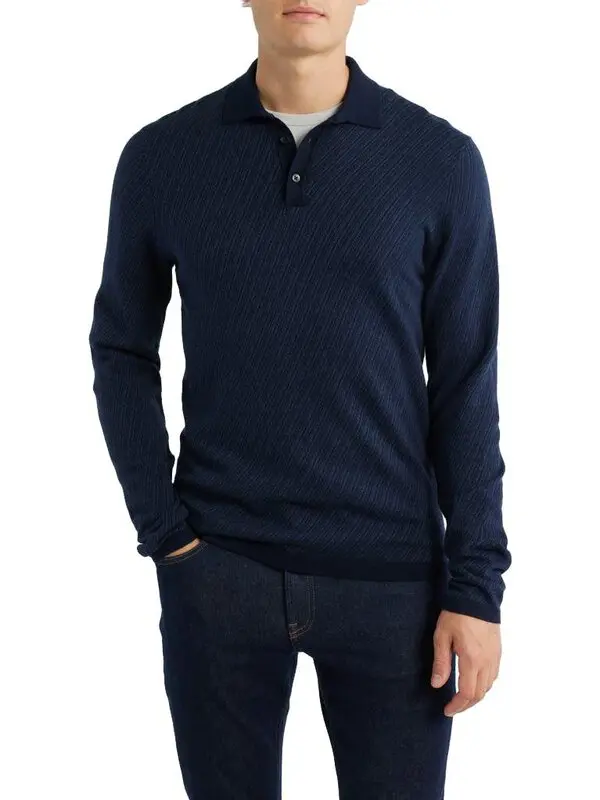 Robert Barakett Borja Cotton & Cashmere Long Sleeve Polo - Navy