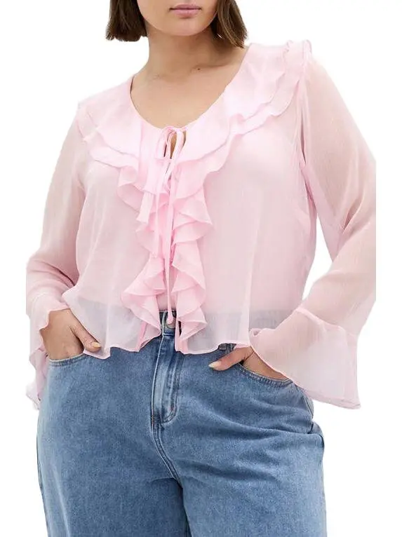 City Chic Ruffle Detailed Sheer Long-sleeve Top - Pout