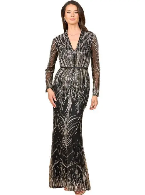LARA NEW YORK V-neck Gown With Long Sleeves - Black