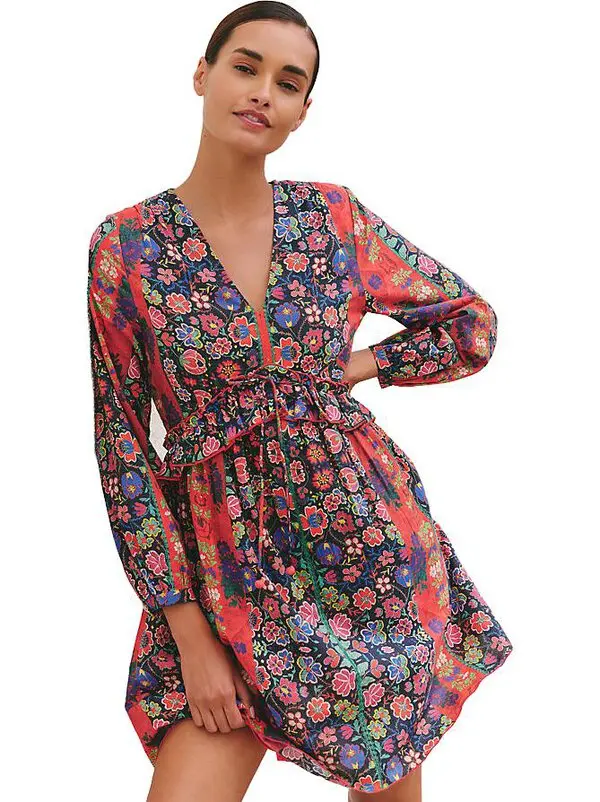 RO'S GARDEN Jerez Long-sleeve Mini Dress - Red Pattern