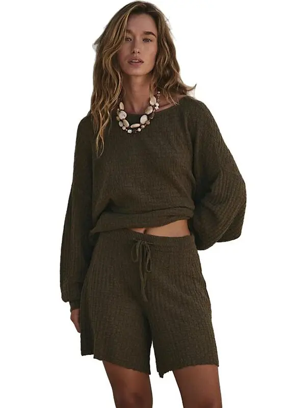 Free People Rowan Textured Knit Sweater Short Set - Seaweed