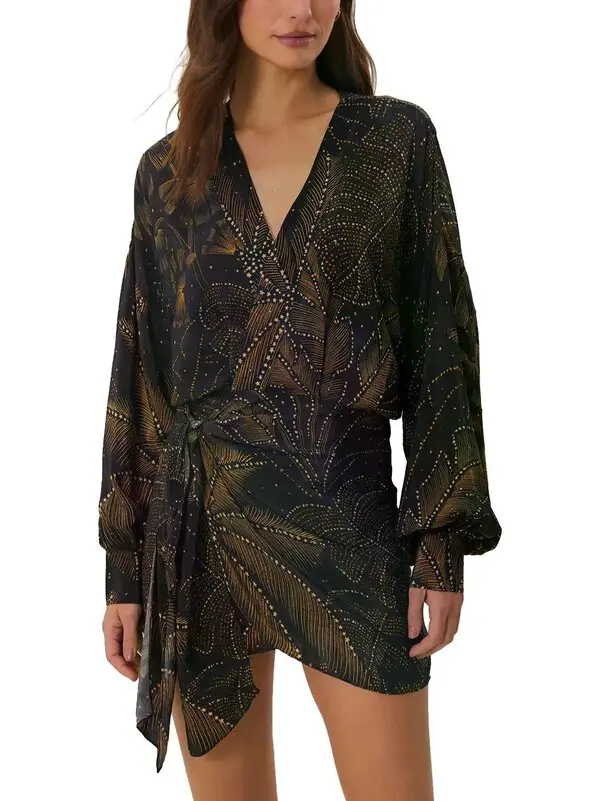 Farm Rio Foliage Wrap Mini Dress - Black