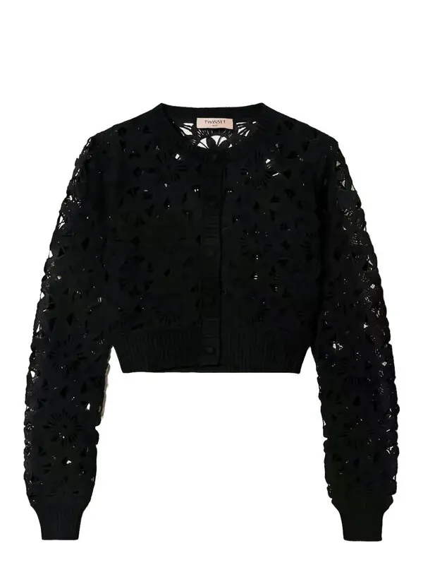 TWINSET Floral Crochet Cropped Cardigan - Black