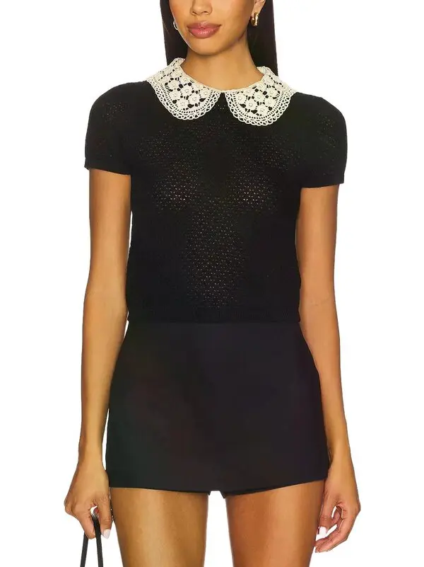Alice + Olivia Crochet-collar Short-sleeve Top - Black