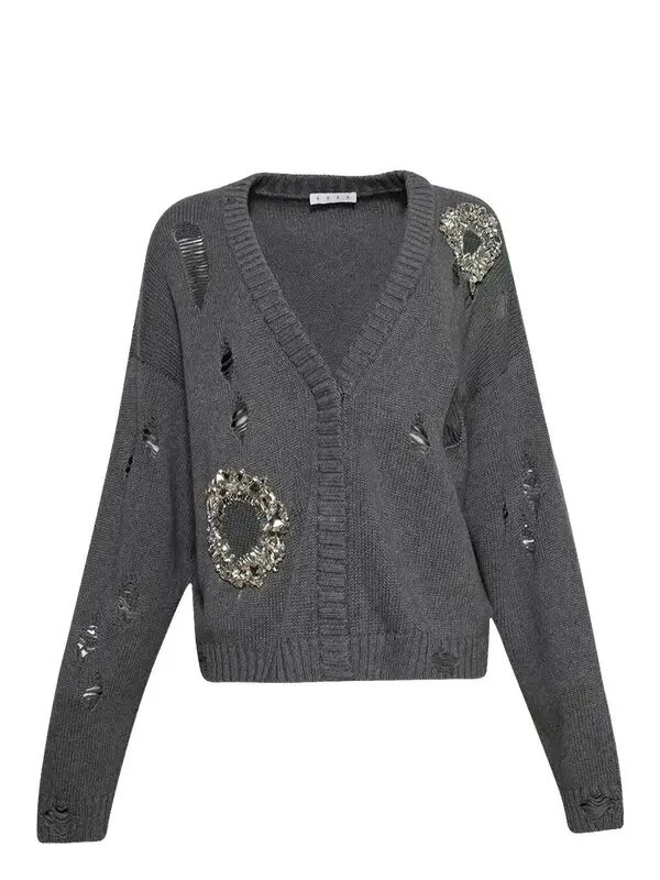 AREA Crystal-embellished Distressed Cardigan - Grey