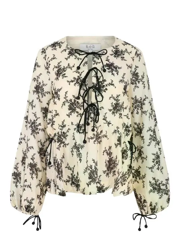 Sea Floral-print Tie-front Top - Neutrals