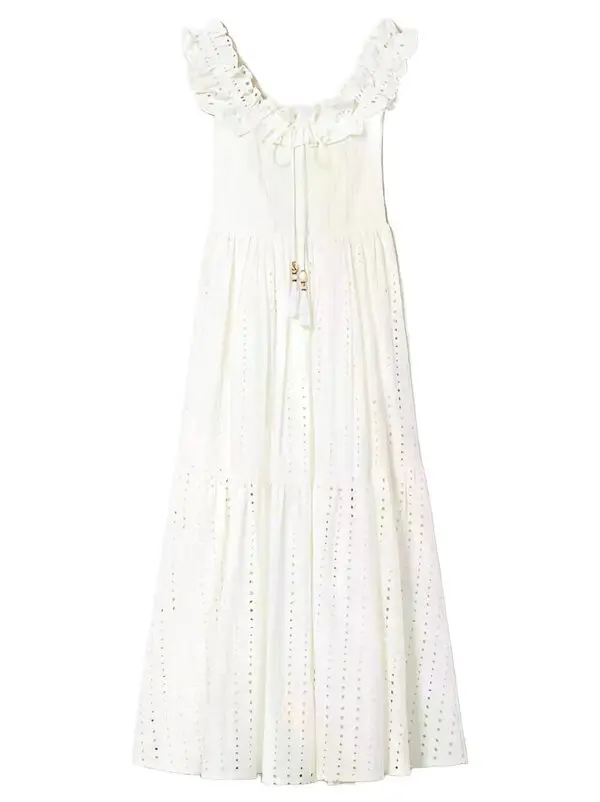 TWINSET Eyelet Ruffle Midi Dress - White