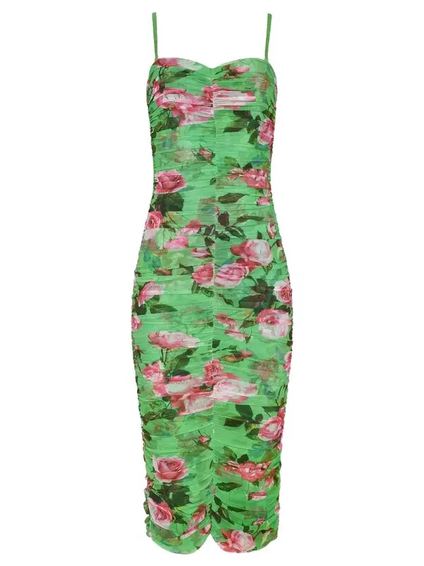 L'Agence Caprice Rose-print Ruched Midi Dress - Green