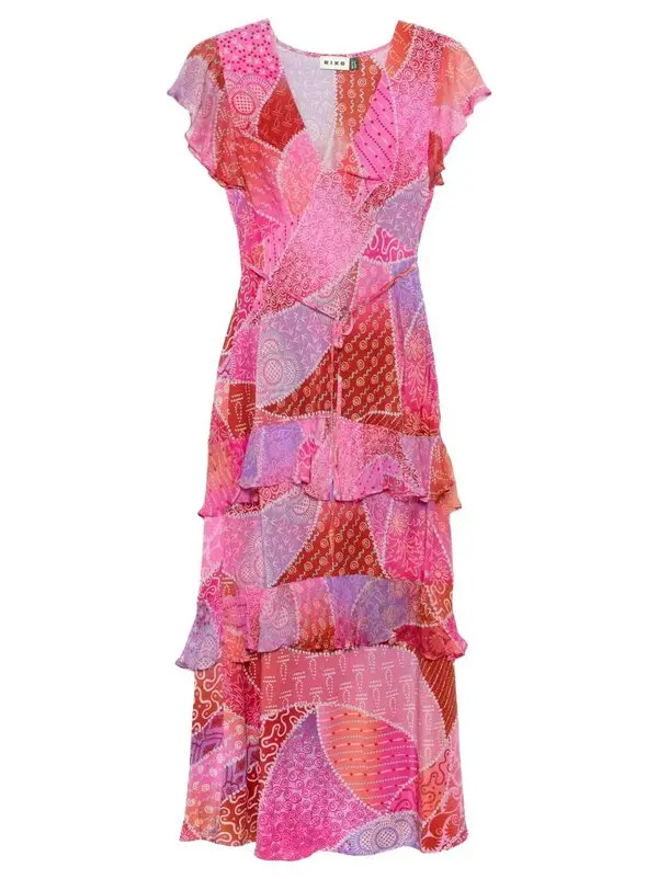 Rixo Patchwork Ruffled Midi Dress - Pink