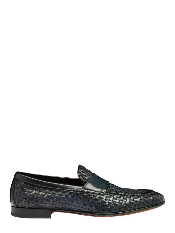 Santoni Woven Leather Penny Loafers - Black