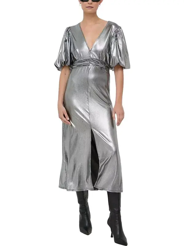 NOTES DU NORD Puff-sleeve Metallic Midi Dress - Silver