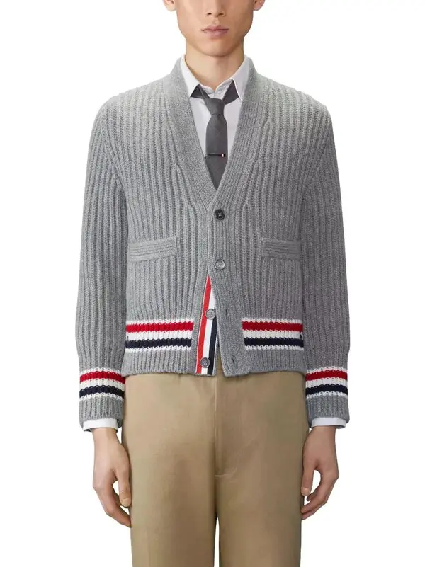 Thom Browne Cashmere Cardigan With Stripe Detail - Grey