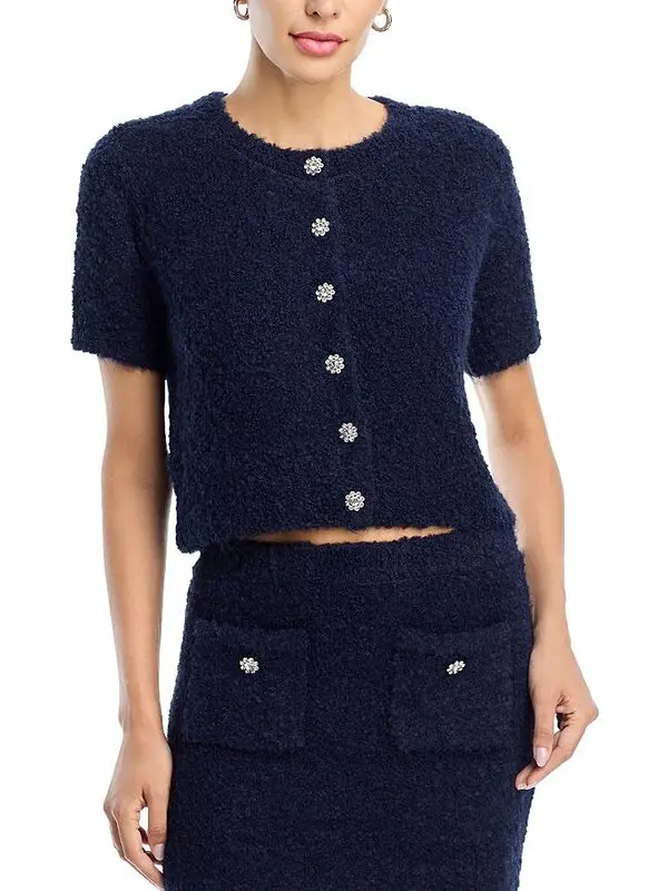 Aqua Boucle Short Sleeve Cardigan - Navy