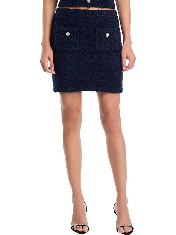 Aqua Boucle Crystal Button Skirt - Navy