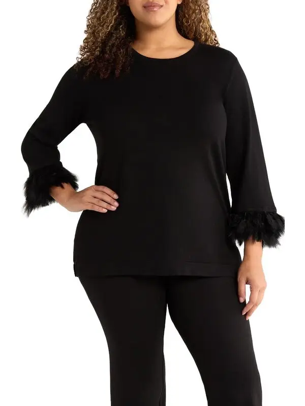 Anne Klein Feather Cuff Long Sleeve Knit Top - Anne Black