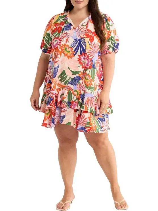 SUGARLIPS Floral Split Neck Mini Dress - Blue/pink/cream