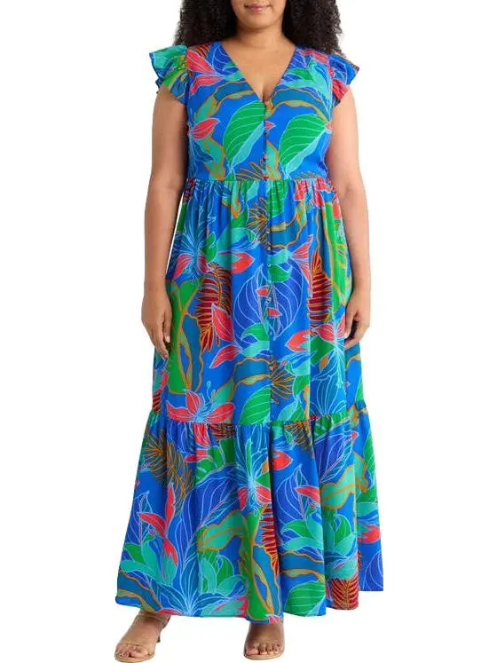 SUGARLIPS Tropical Evianna Tiered Maxi Dress - Blue