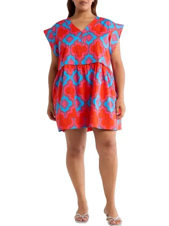 SUGARLIPS Abstract Print Cotton Trapeze Dress - Red/blue/multi